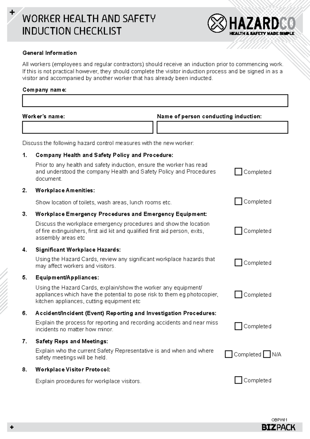 Worker Health and Safety Induction Checklist - OBPWI WORKER HEALTH AND ...
