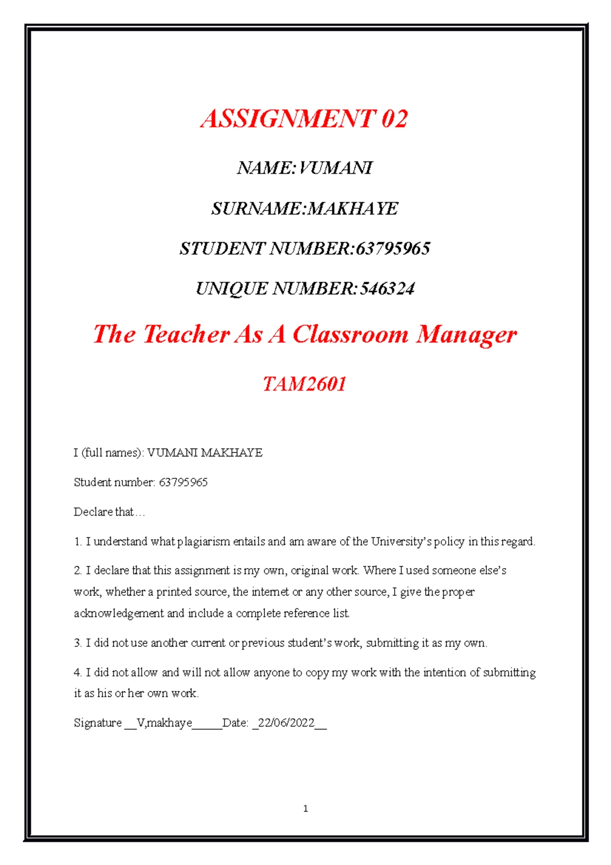 TAM2601 - Learning Unit 1 - Teacher as Classroom Manager TAM2601: The ...