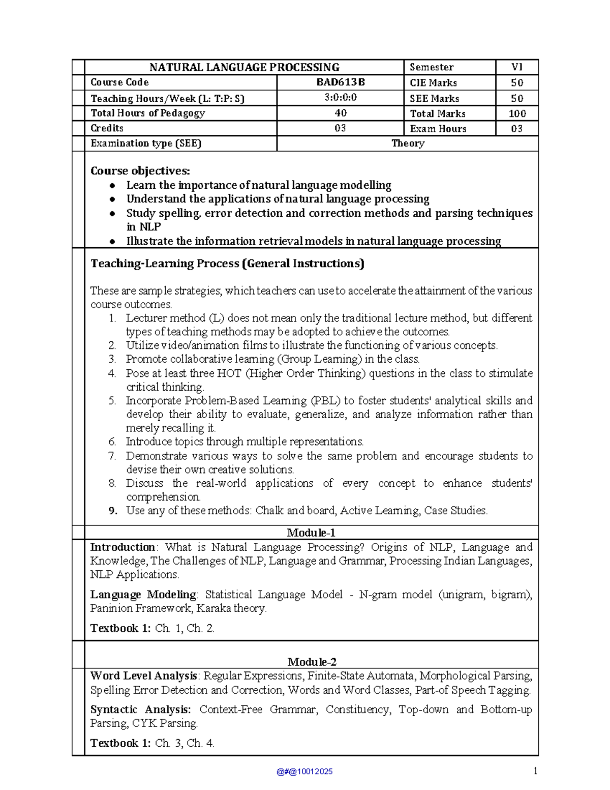 BAD613B-NLP - Comprehensive Course Syllabus for Semester VI - Studocu