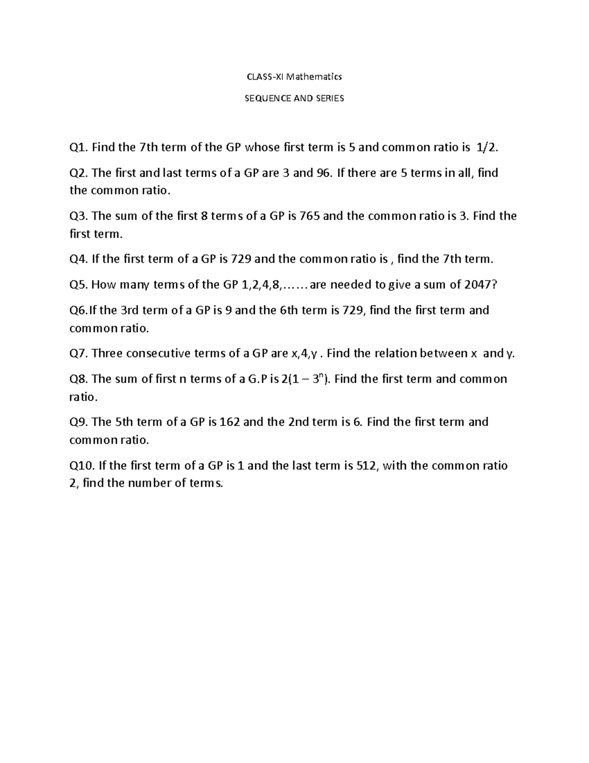 Mathematics Class 11: Sequence and Series GP Problems - Studocu