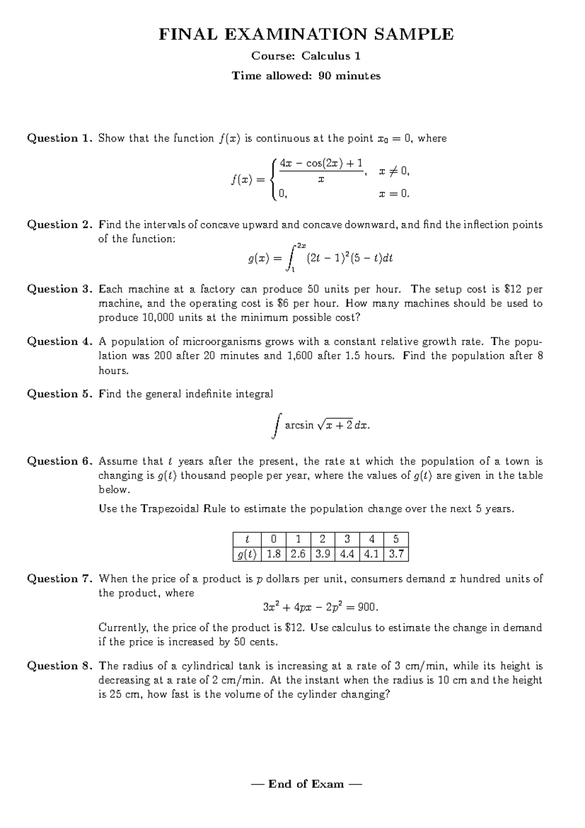 Sample Final Exam for Calculus 1 (Final Exam) - Studocu