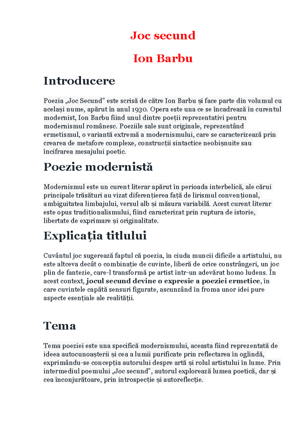 Analiza poeziei „Joc secund” de Ion Barbu: Interpretare și Comentariu ...