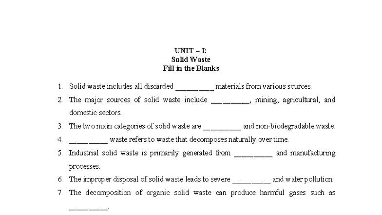 SWM-1: Solid Waste Management Fill in the Blanks and MCQs - Studocu