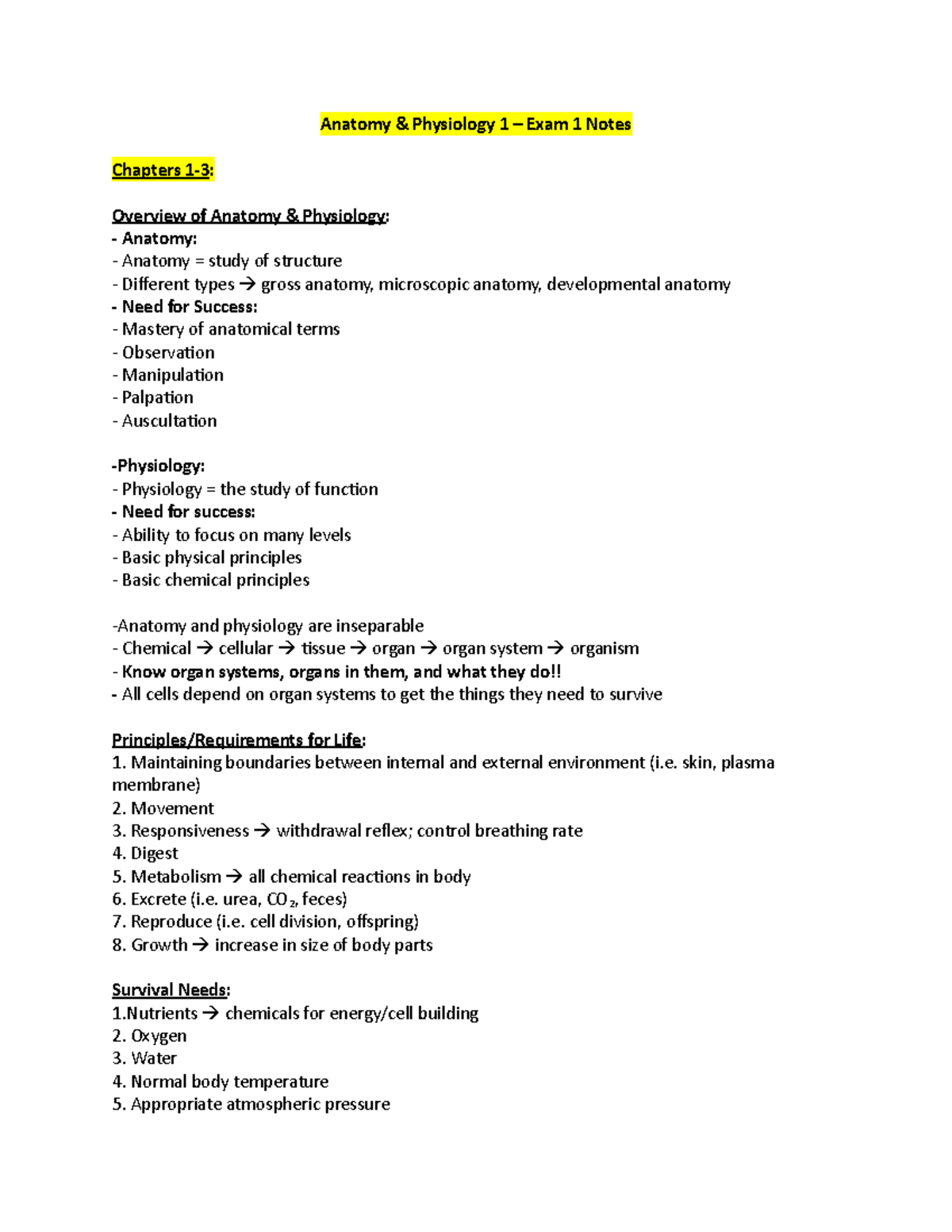 Anatomy & Physiology Exam 1 Notes - Anatomy Physiology 1 Exam 1 Notes ...