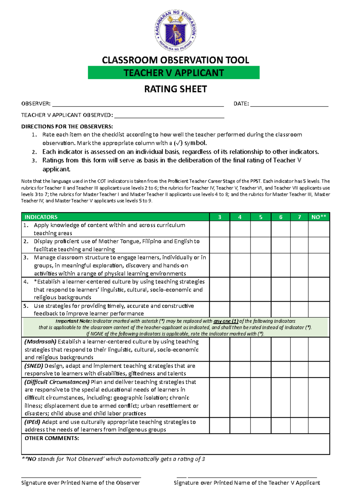 COT Rating Sheet for Teacher V Applicant Evaluation - Studocu