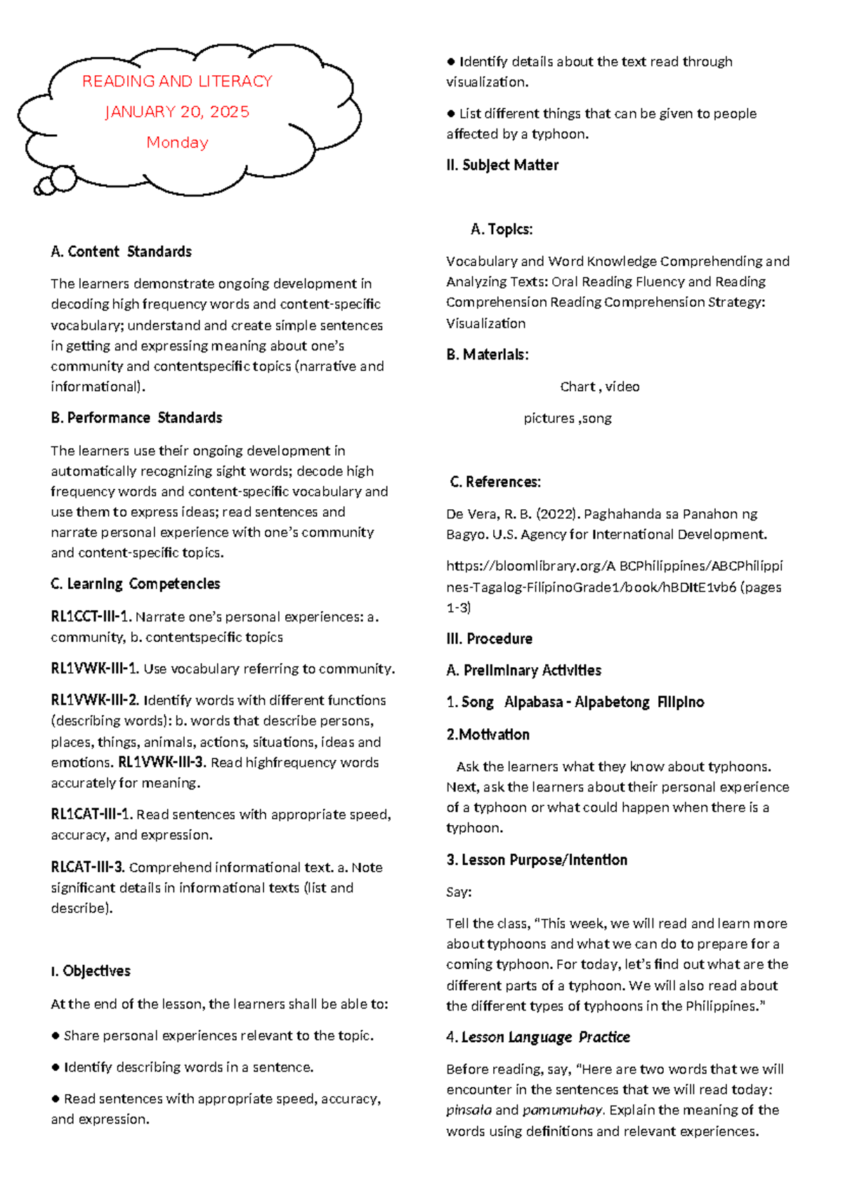 Grade 1 Reading & Literacy Lesson Plan: Typhoons - Jan 20 - Studocu