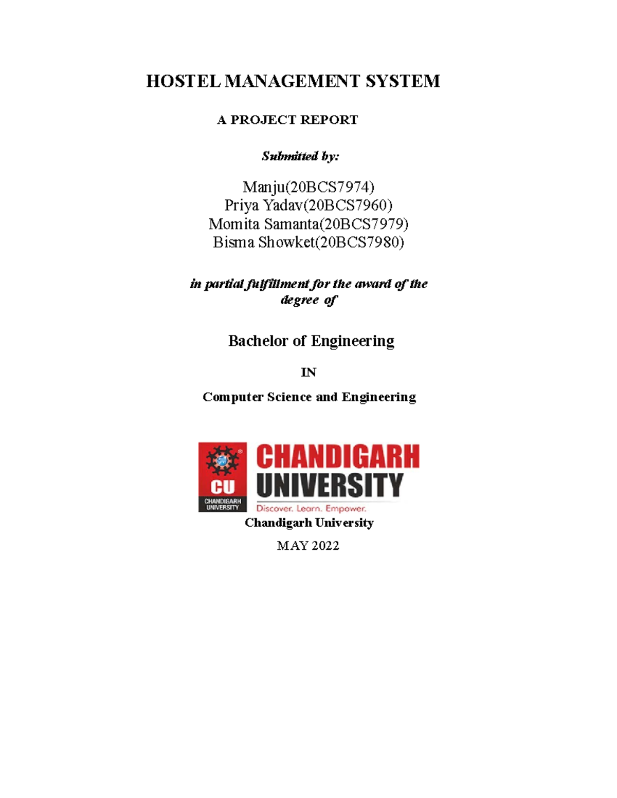Hostel Management System (20BCS) - Final Project Report - Studocu