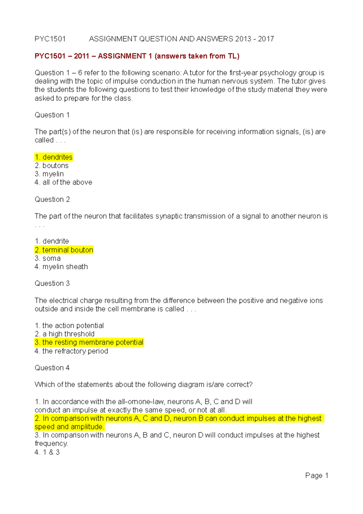 PYC1501 2011-2017 Assignment Questions and Answers Summary - Studocu