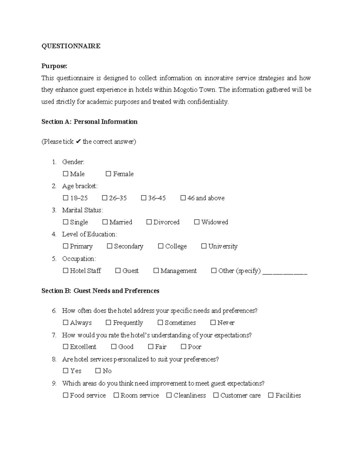 Innovative Service Strategies Questionnaire for Guest Experience in ...
