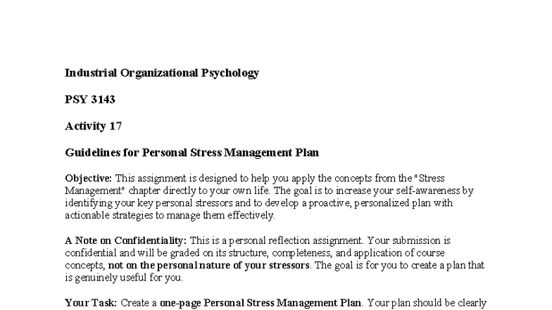 PSY 3143 Activity 17: Personal Stress Management Plan Guidelines - Studocu