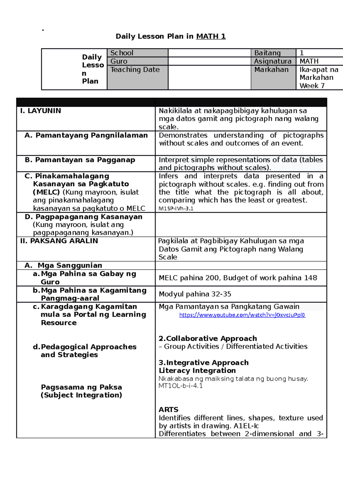 COT 4t - MATH 1 Daily Lesson Plan on Pictographs Without Scale - Studocu