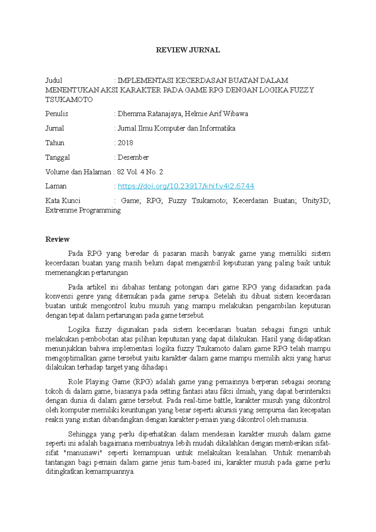 Implementasi Logika Fuzzy Tsukamoto dalam RPG: Review Jurnal Metode ...