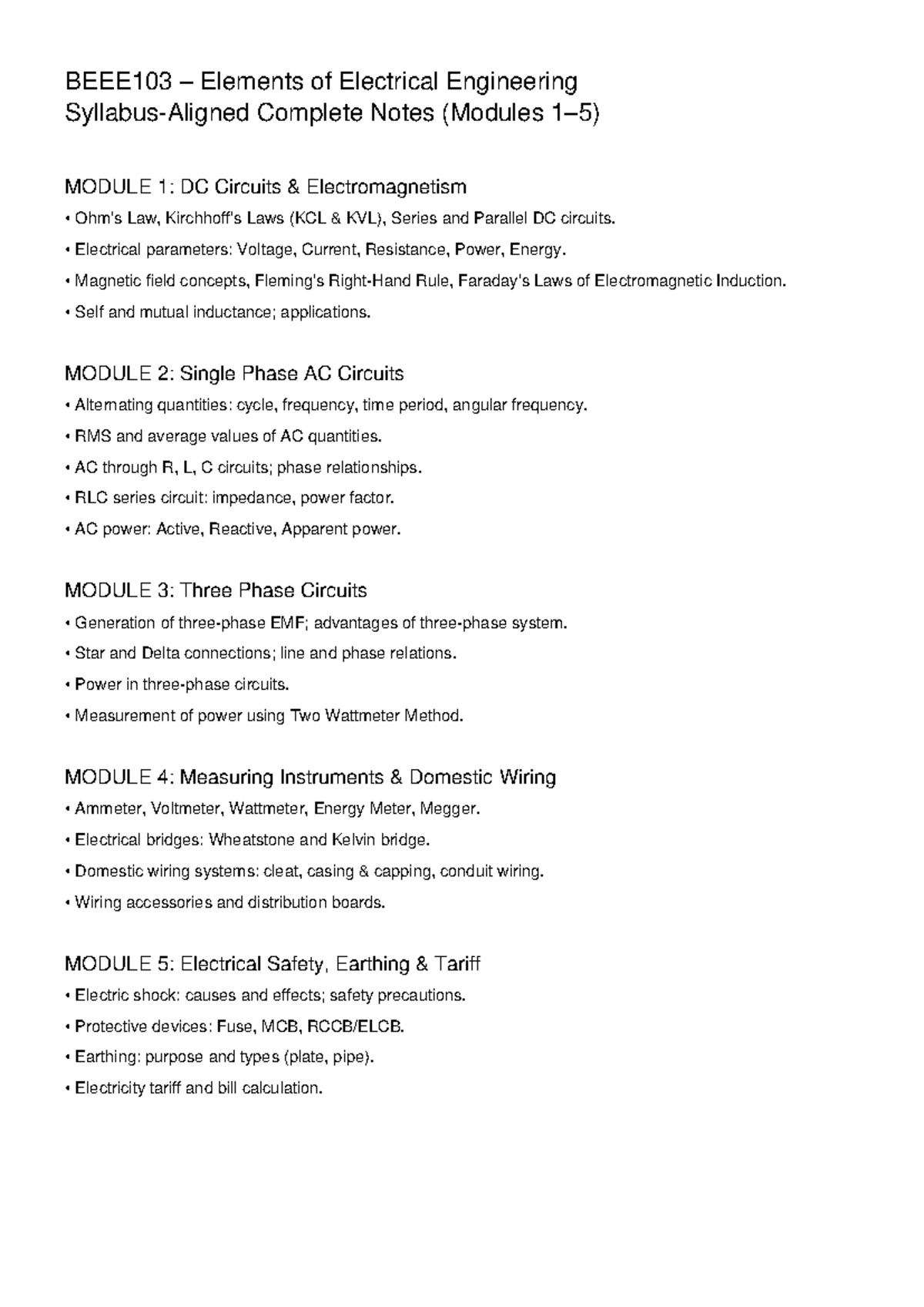 BEEE103 Complete Notes on Electrical Engineering Modules 1-5 - Studocu