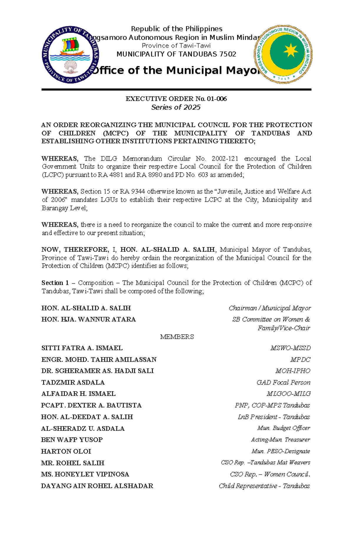 MCPC Executive Order No. 2025: Reorganization of Child Protection ...