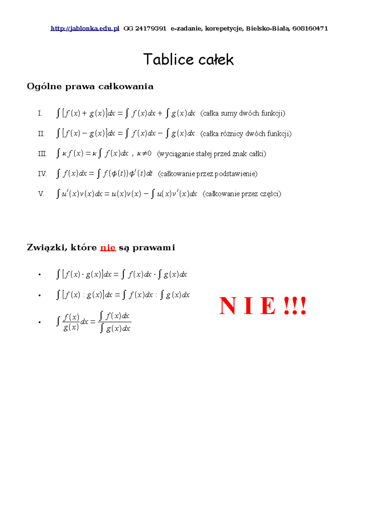 Tablice całek - jablonka GG 24179391 e-zadanie, korepetycje, Bielsko ...