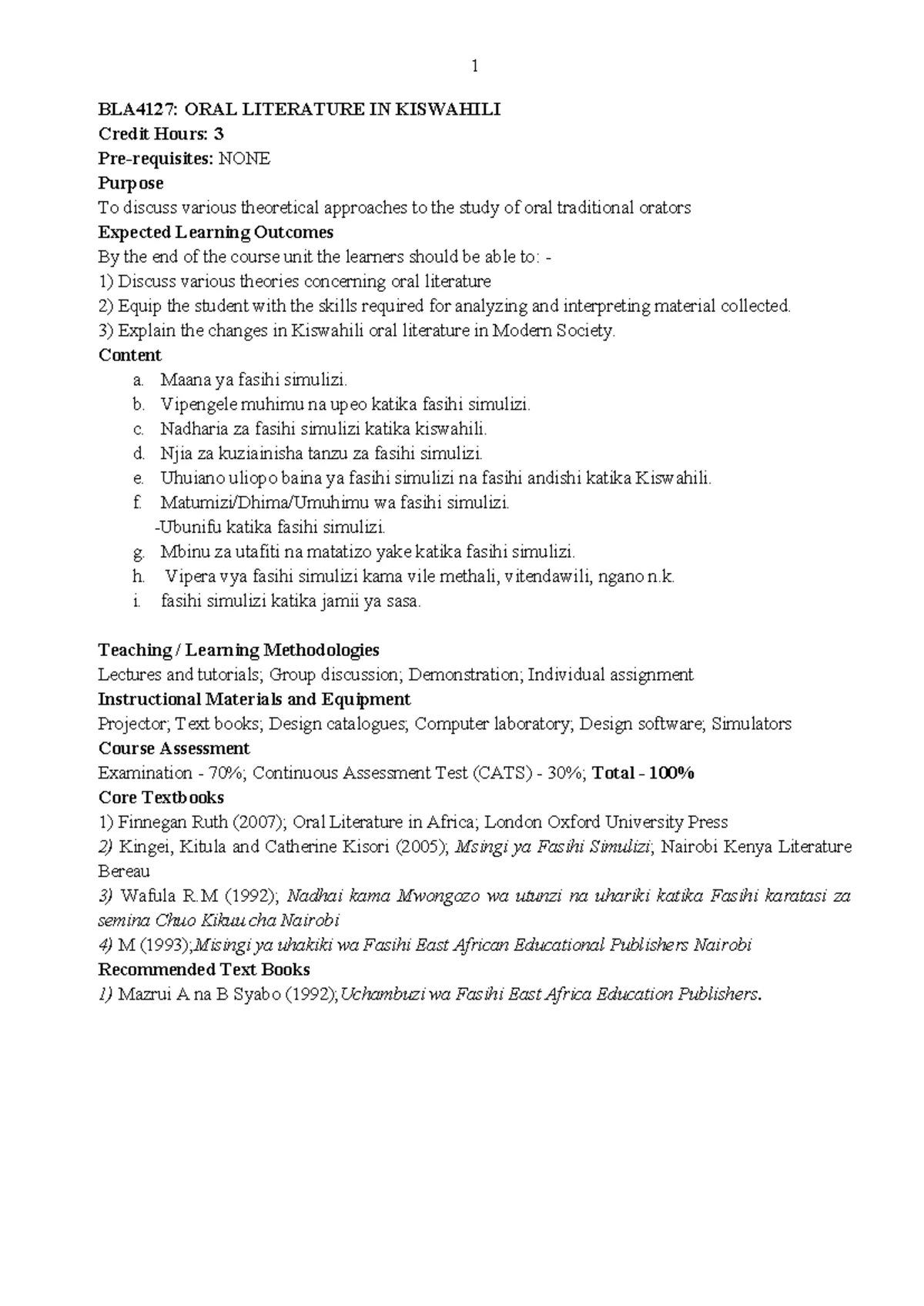 BLA4127 - Comprehensive Notes on Oral Literature in Kiswahili - Studocu