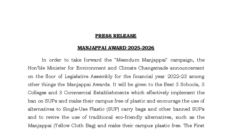 Manjappai Award Press Release: Promoting Plastic-Free Initiatives - Studocu