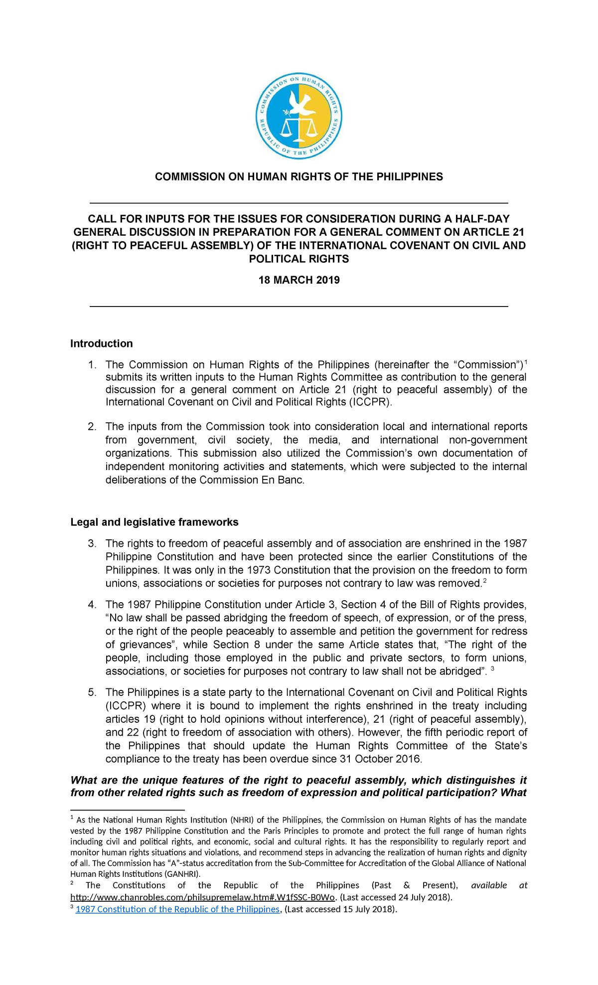 CHR PH - Call for Inputs on Article 21 (Right to Peaceful Assembly ...