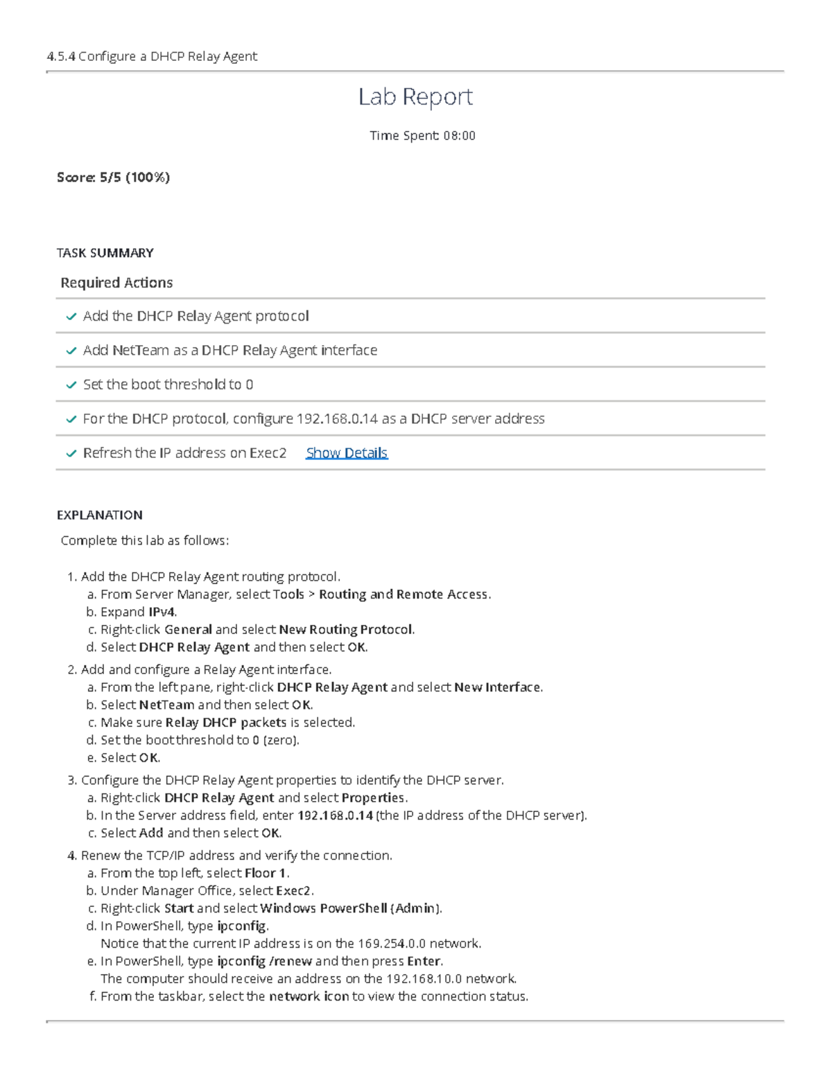 4.5.4 DHCP Relay Agent Configuration Lab Report - Studocu