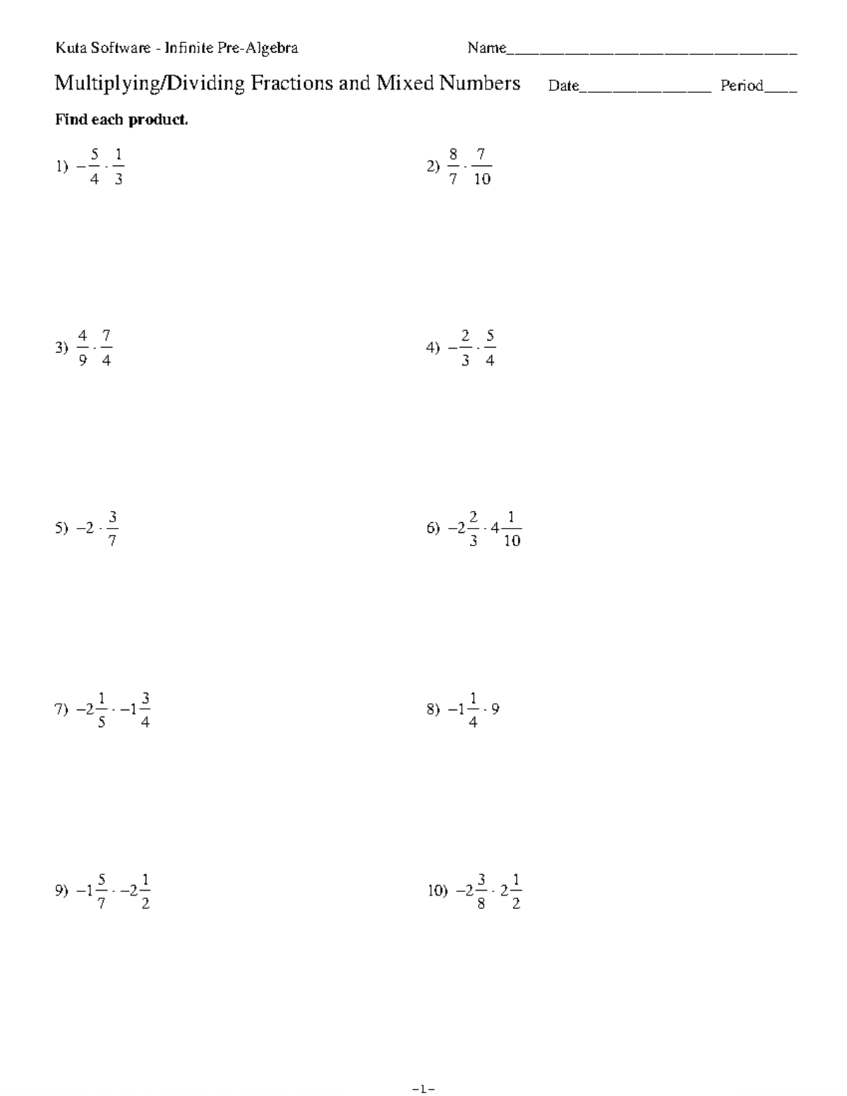 Final Exam - Multiplying/Dividing Fractions & Mixed Numbers (Math 101 ...