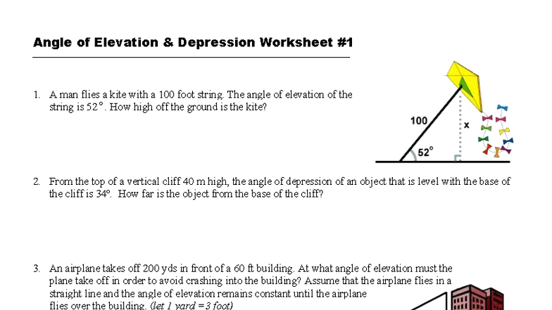 Angle of Elevation & Depression Worksheet - Activity Sheet - Studocu