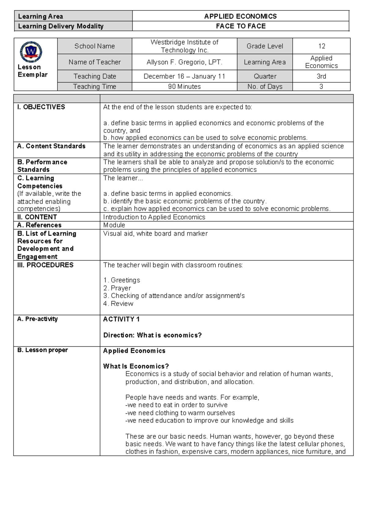 W1G12 Applied Economics MR - Learning Area APPLIED ECONOMICS Learning ...