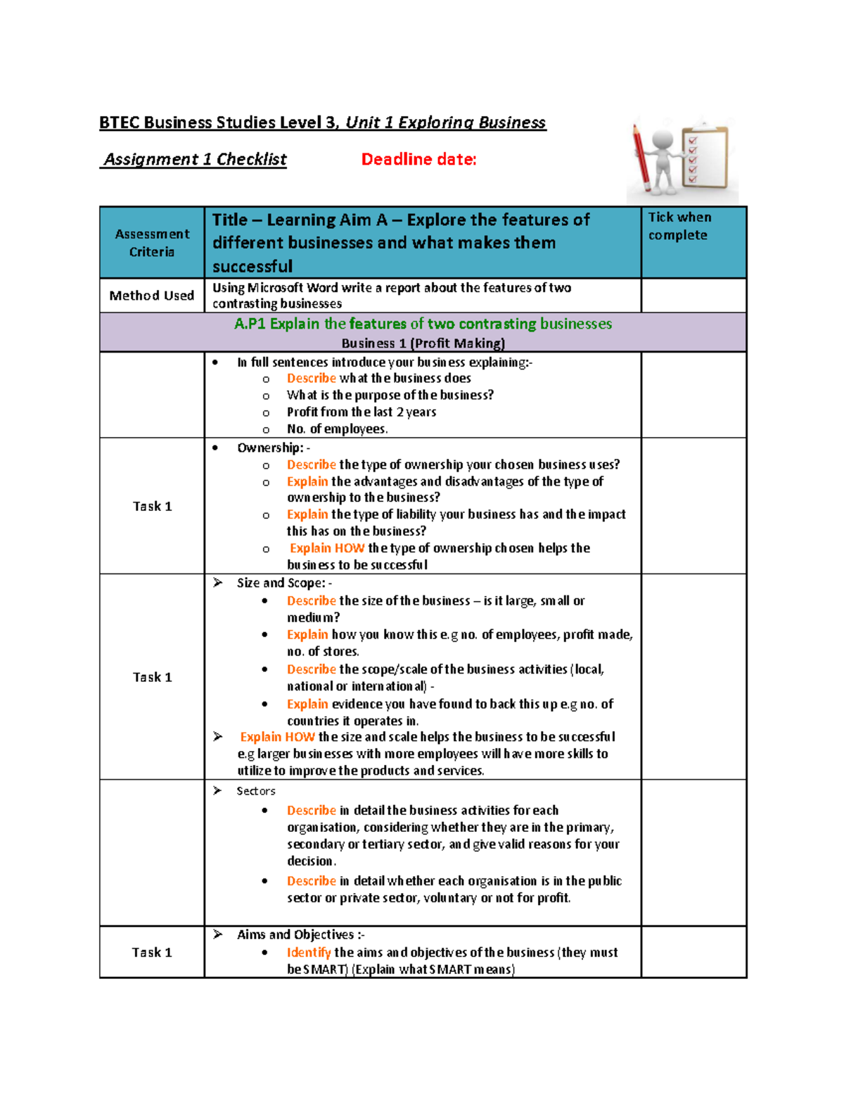 BTEC Business Studies Level 3: Unit 1 Exploring Business Assignment ...