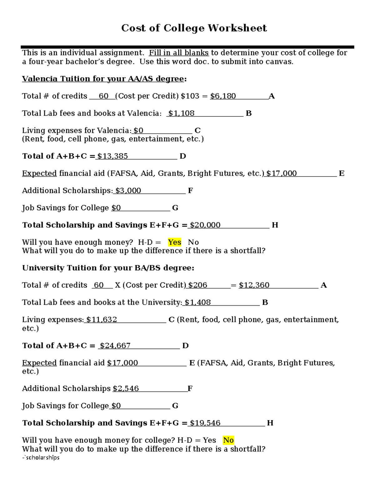 Cost of College Worksheet - Fill in all blanks to determine your cost ...