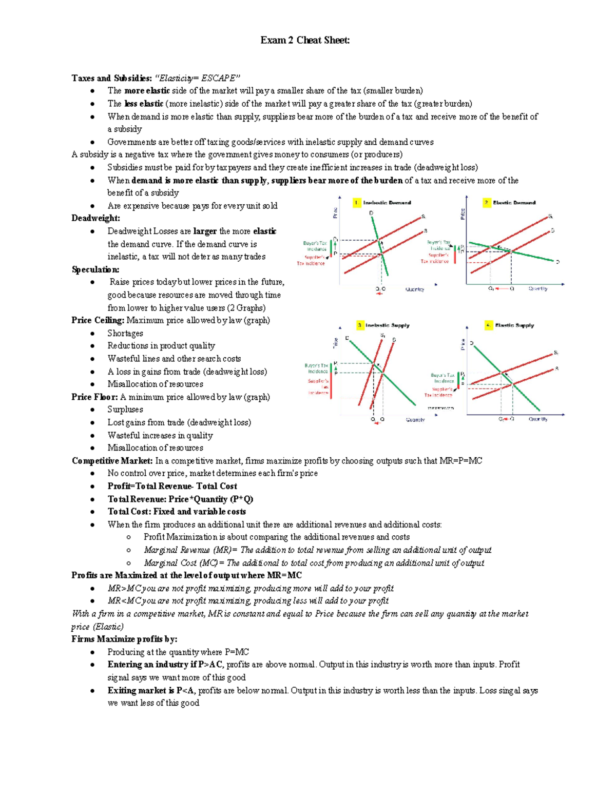 Exam 2 Cheat Sheet - Exam 2 Cheat Sheet: Taxes and Subsidies ...