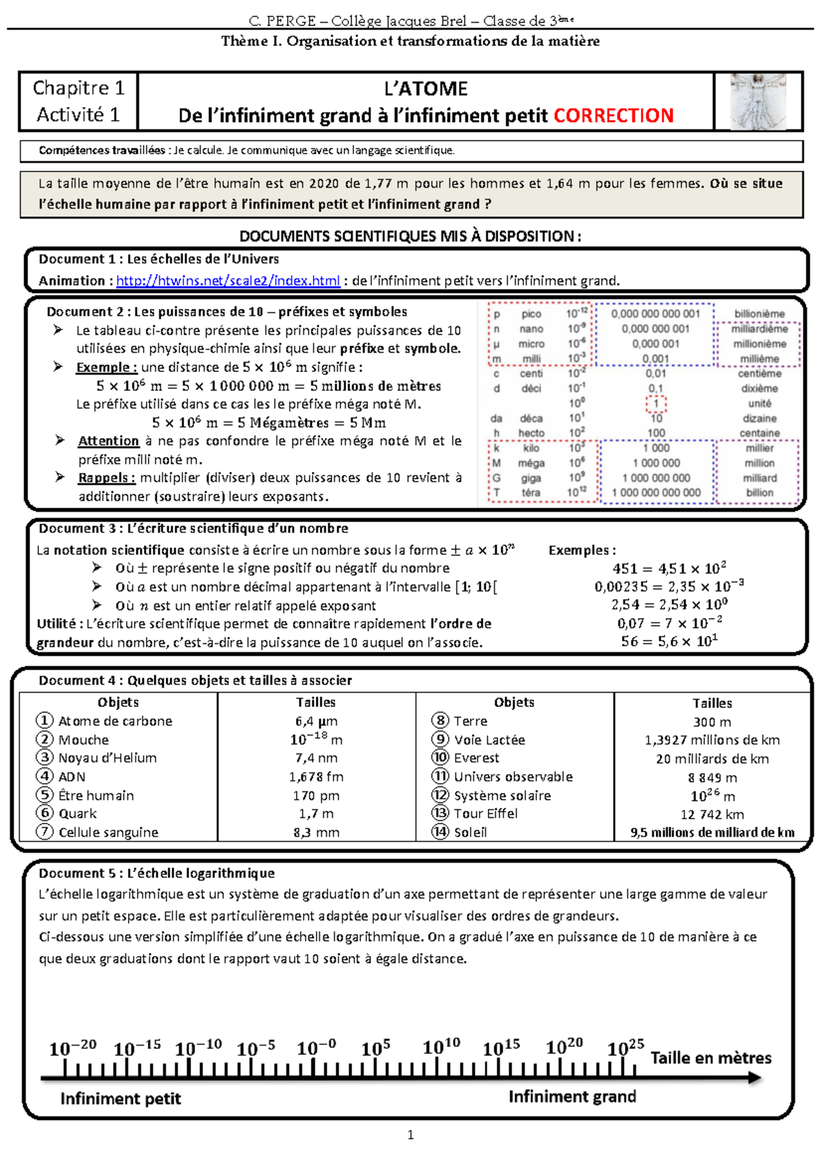 3e Ch1 A1D De l'infiniment grand à l'infiniment petit - Corrigé - Studocu
