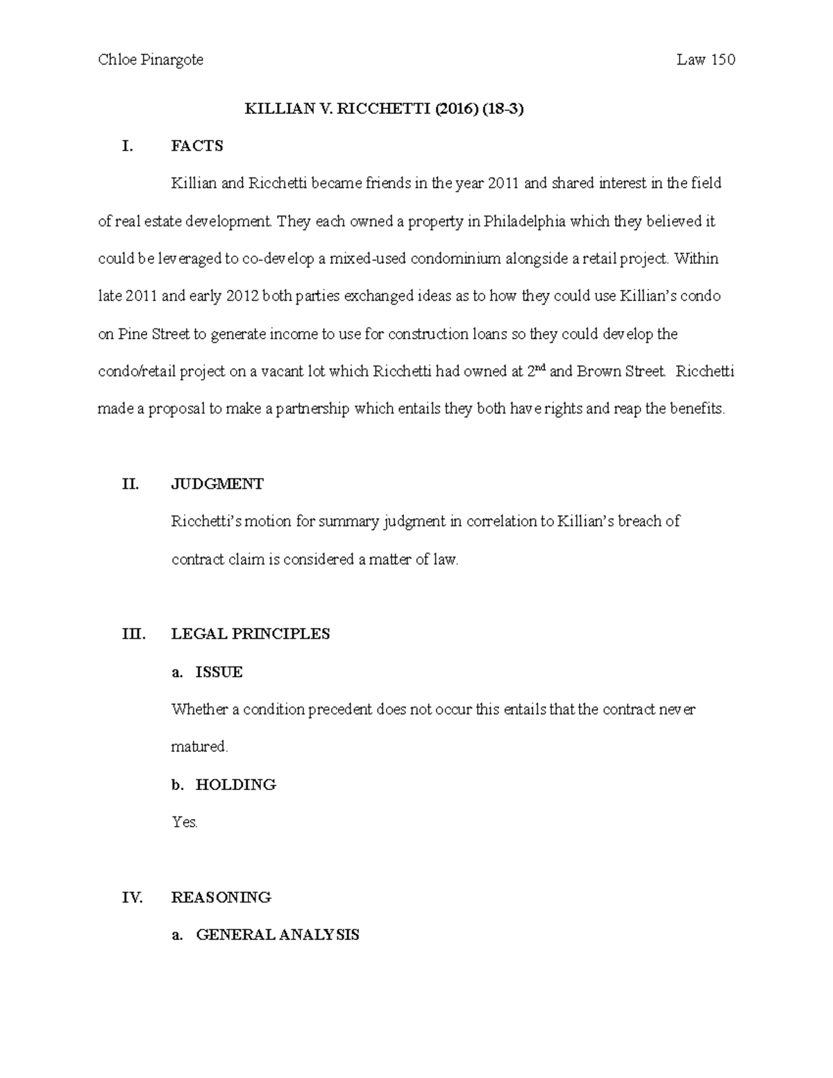 Case Brief for Killian V. RIcchetti (2016 ) Case Brief - Chloe ...