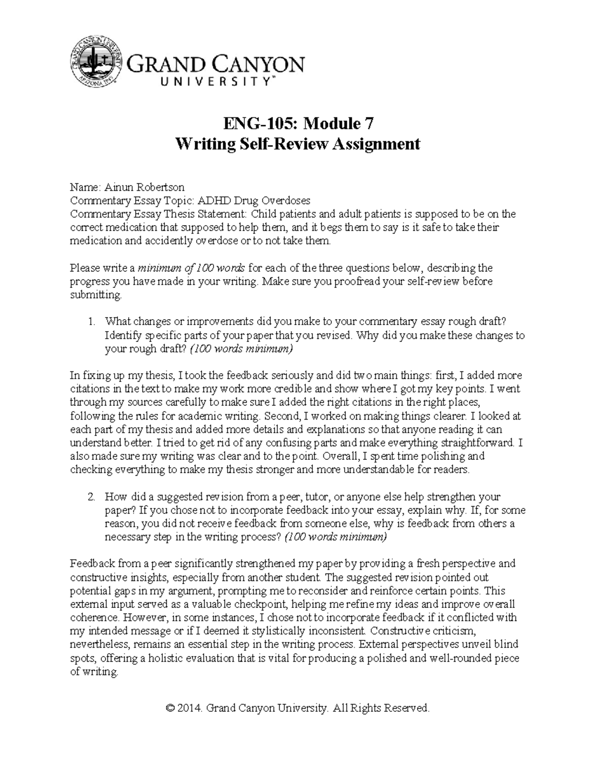 ENG 105 RS Self-Review: Progress and Reflections on Writing Skills ...