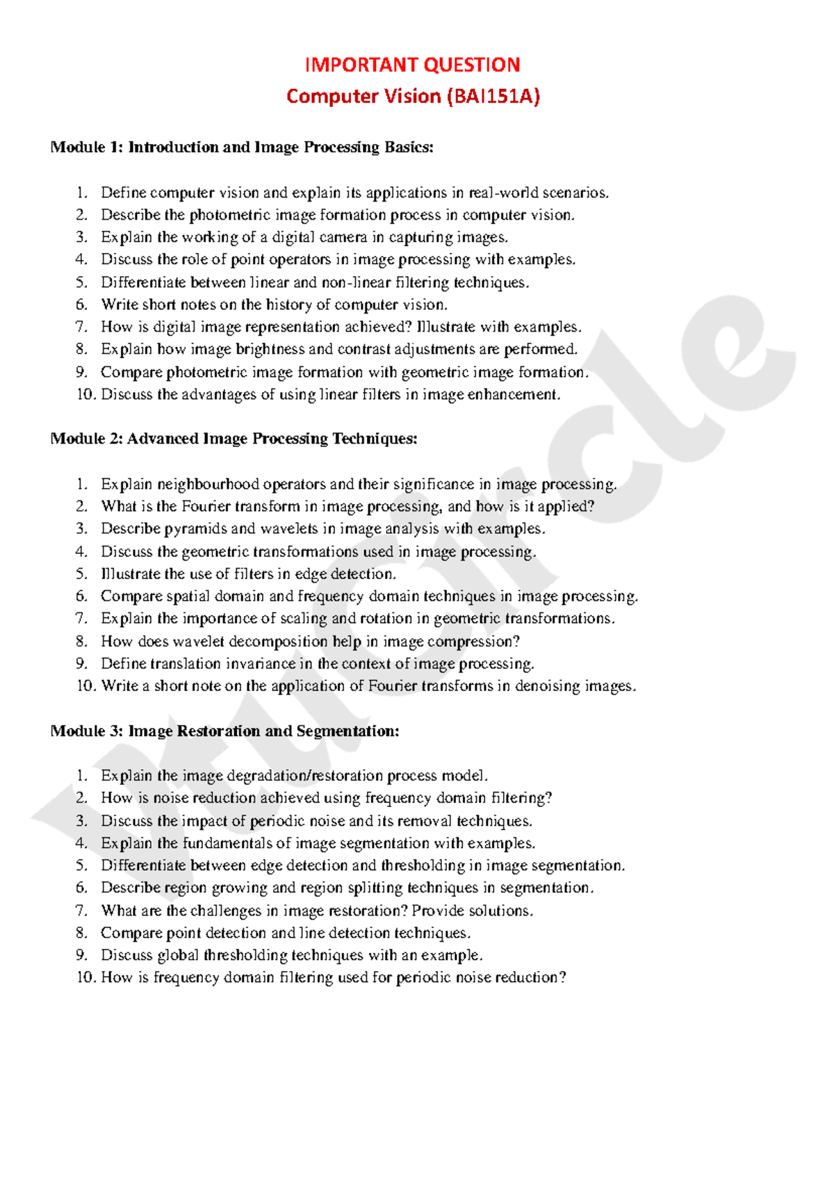BAI151A Important Questions: Computer Vision Modules 1-3 Overview - Studocu