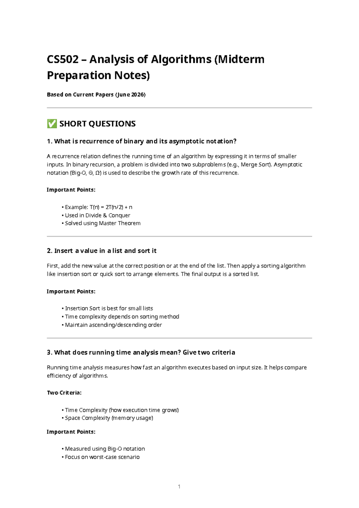 CS502 Midterm Exam Prep: Analysis of Algorithms Key Concepts - Studocu