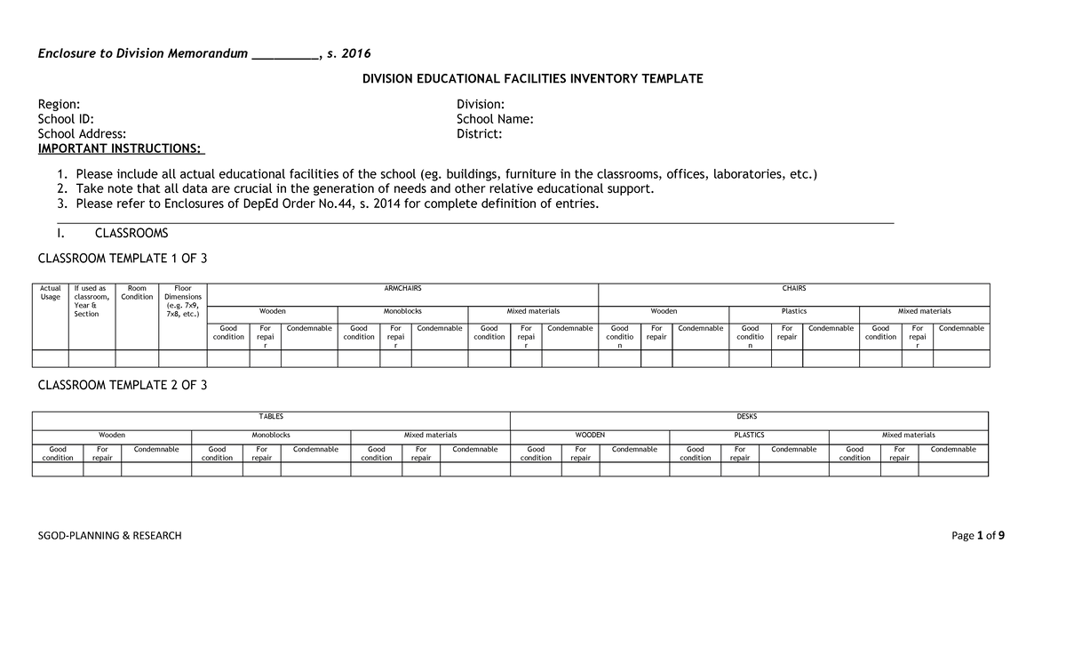 Educational Facilities Inventory Template - School Assessment Guide ...