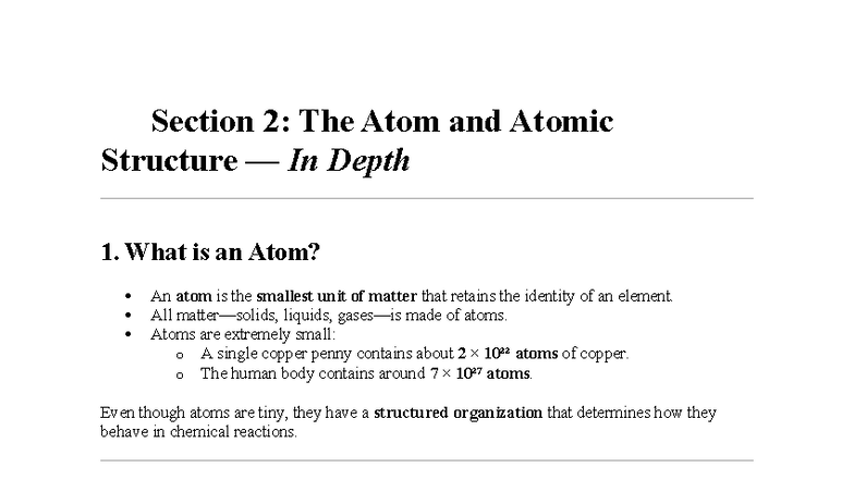 Chemistry 101: Section 2 - In-Depth Notes on Atomic Structure - Studocu