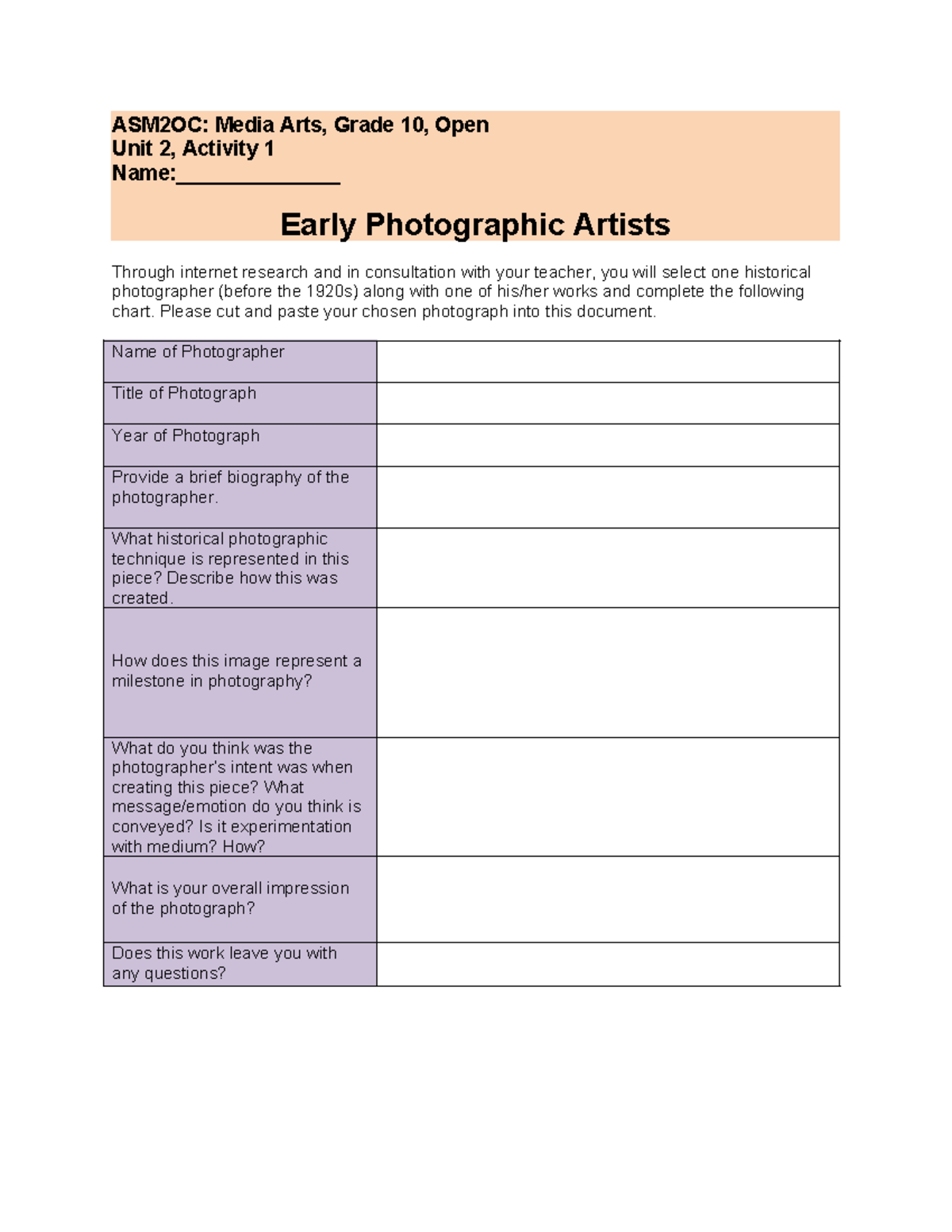 ASM2OC: Grade 10 Media Arts Unit 2 Activity 1 - Early Photographers ...