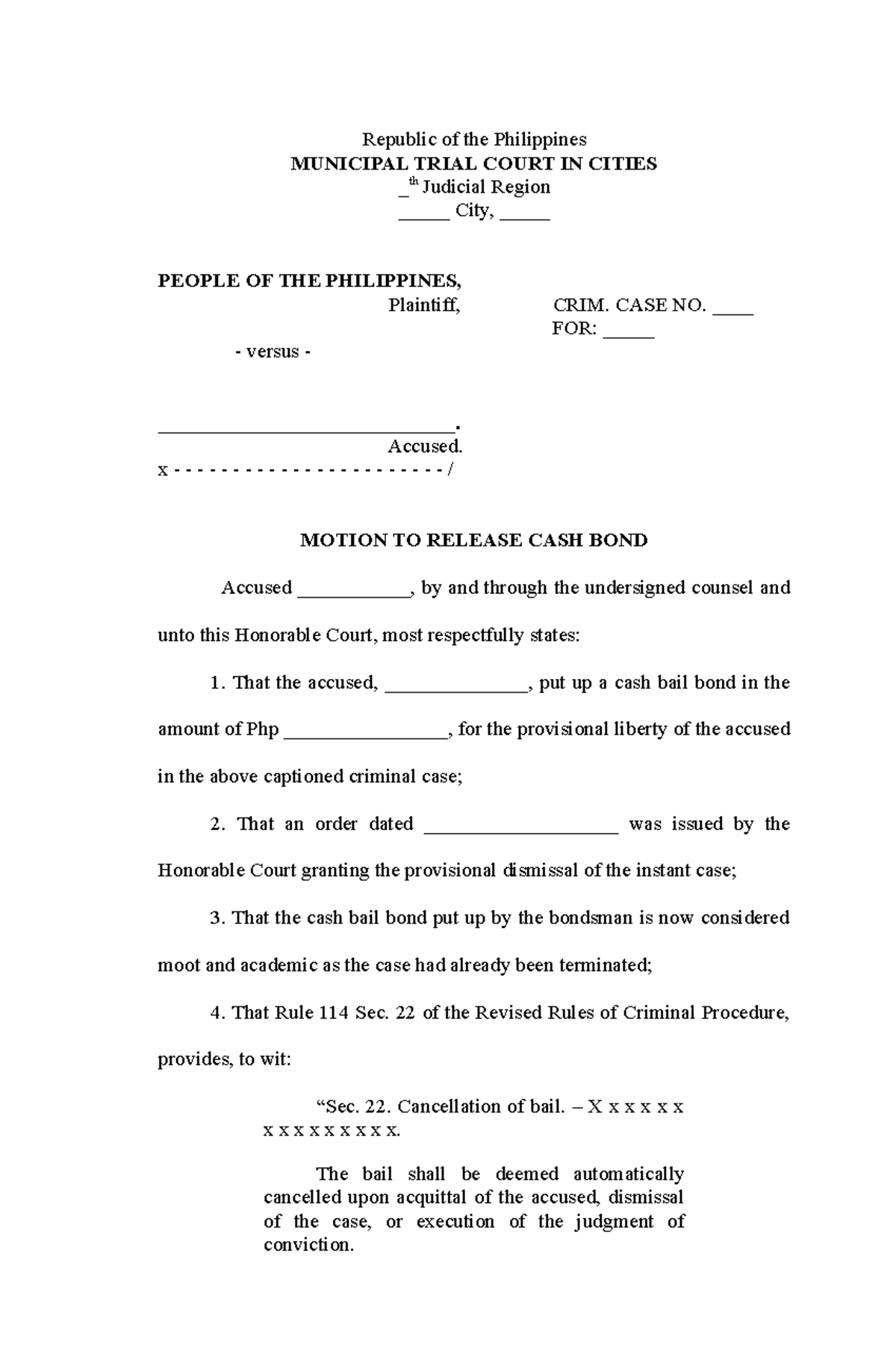 415519191 Motion for Release of Cash Bail: Legal Sample Document - Studocu