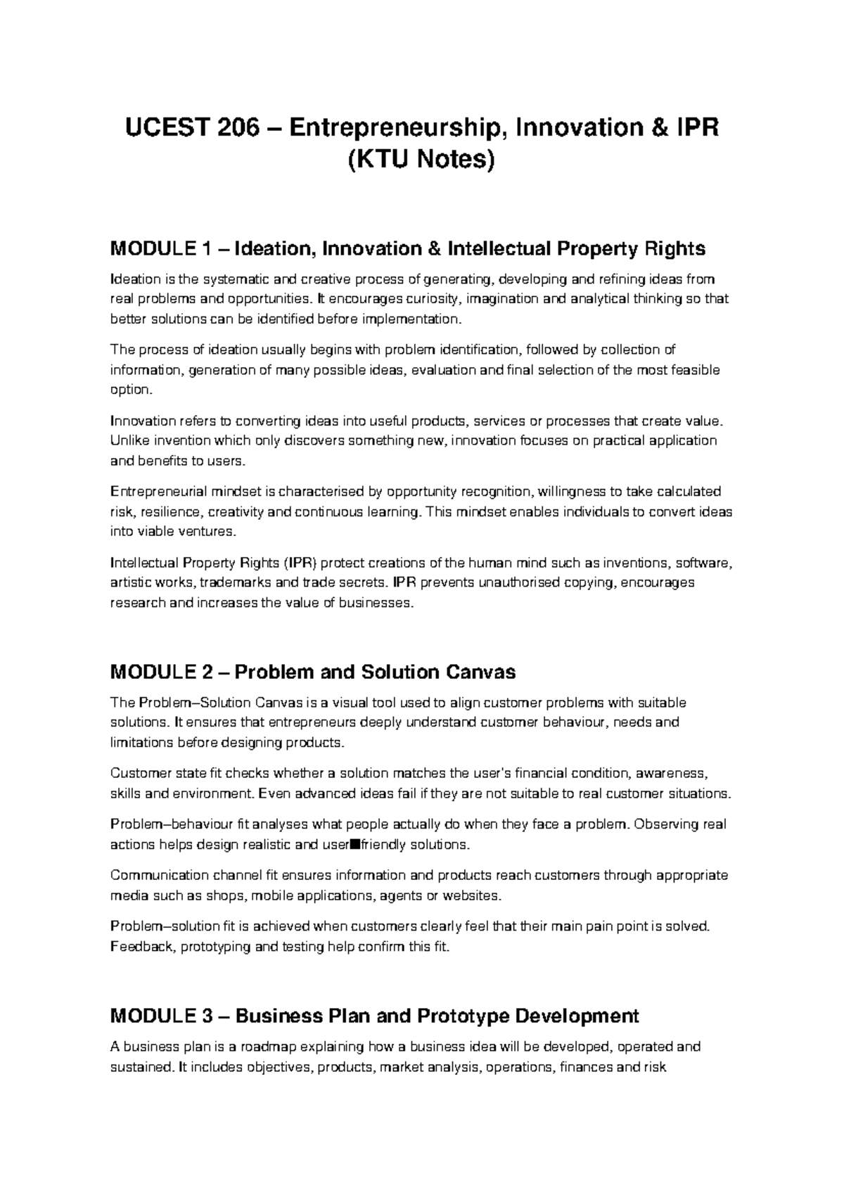 KTU UCEST 206 Complete Notes: Entrepreneurship & Innovation IPR - Studocu