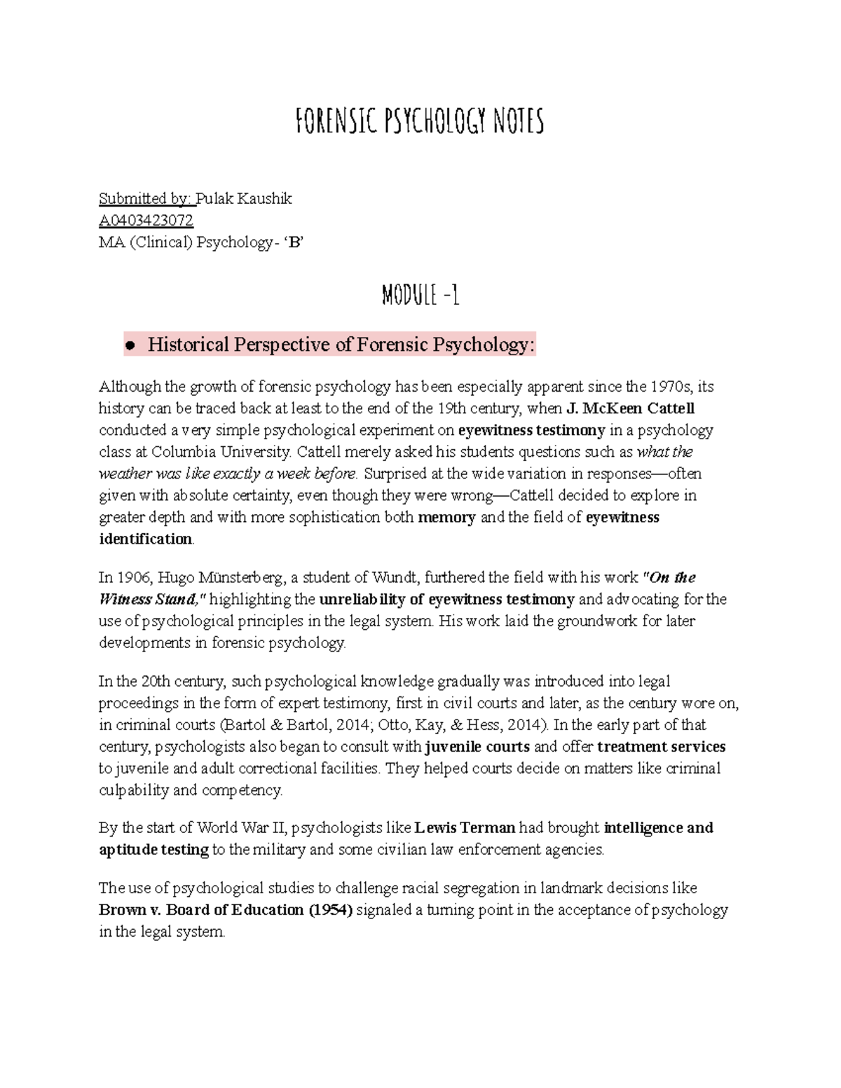 Forensic Psychology Module Notes: Historical Perspectives and Key ...