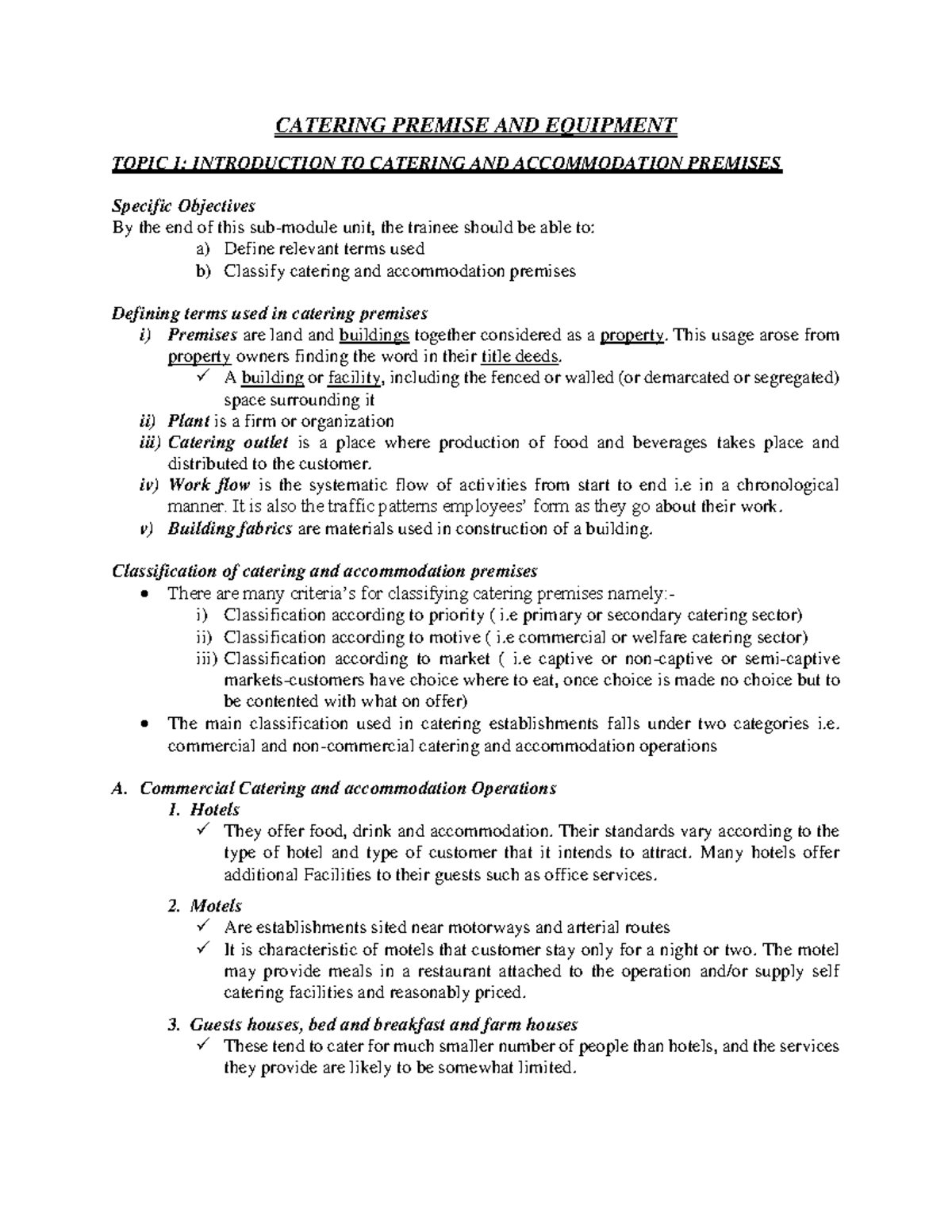 Catering Premises & Equipment: Notes for Course XYZ 101 - Studocu