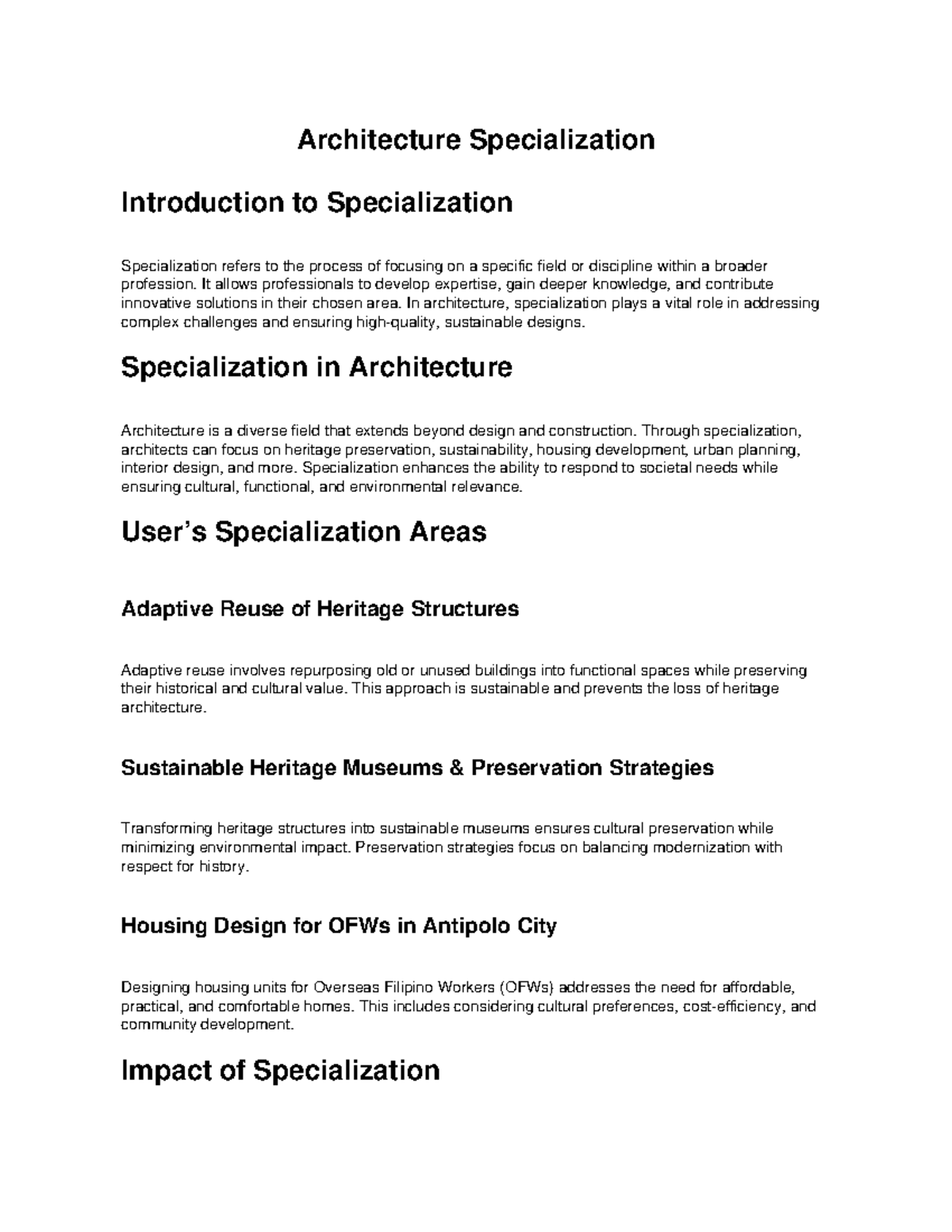 Architecture Specialization: Focus Areas and Impact on Design - Studocu