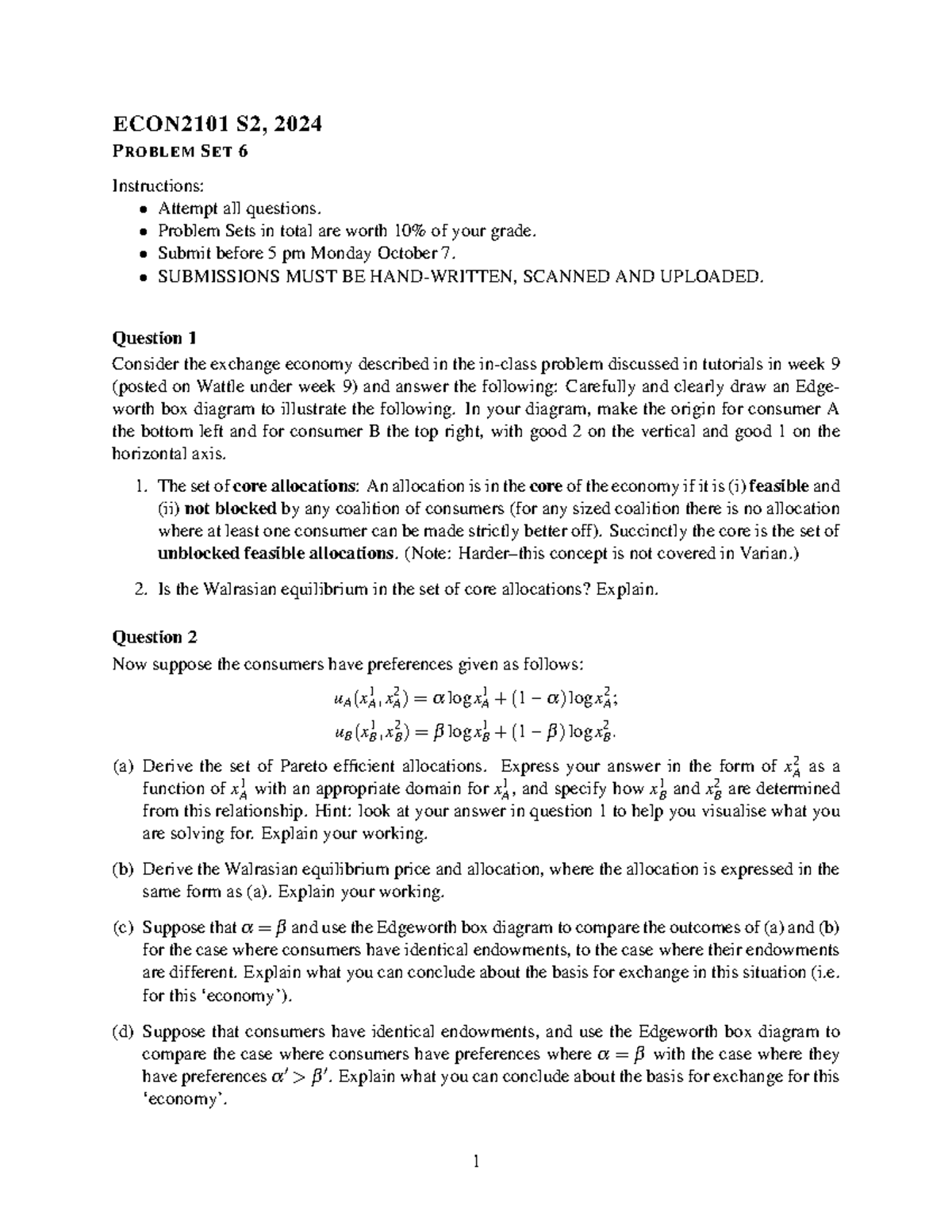 PS6 Problems & Solutions ECON2101 S2 2024: Exchange Economy Analysis ...