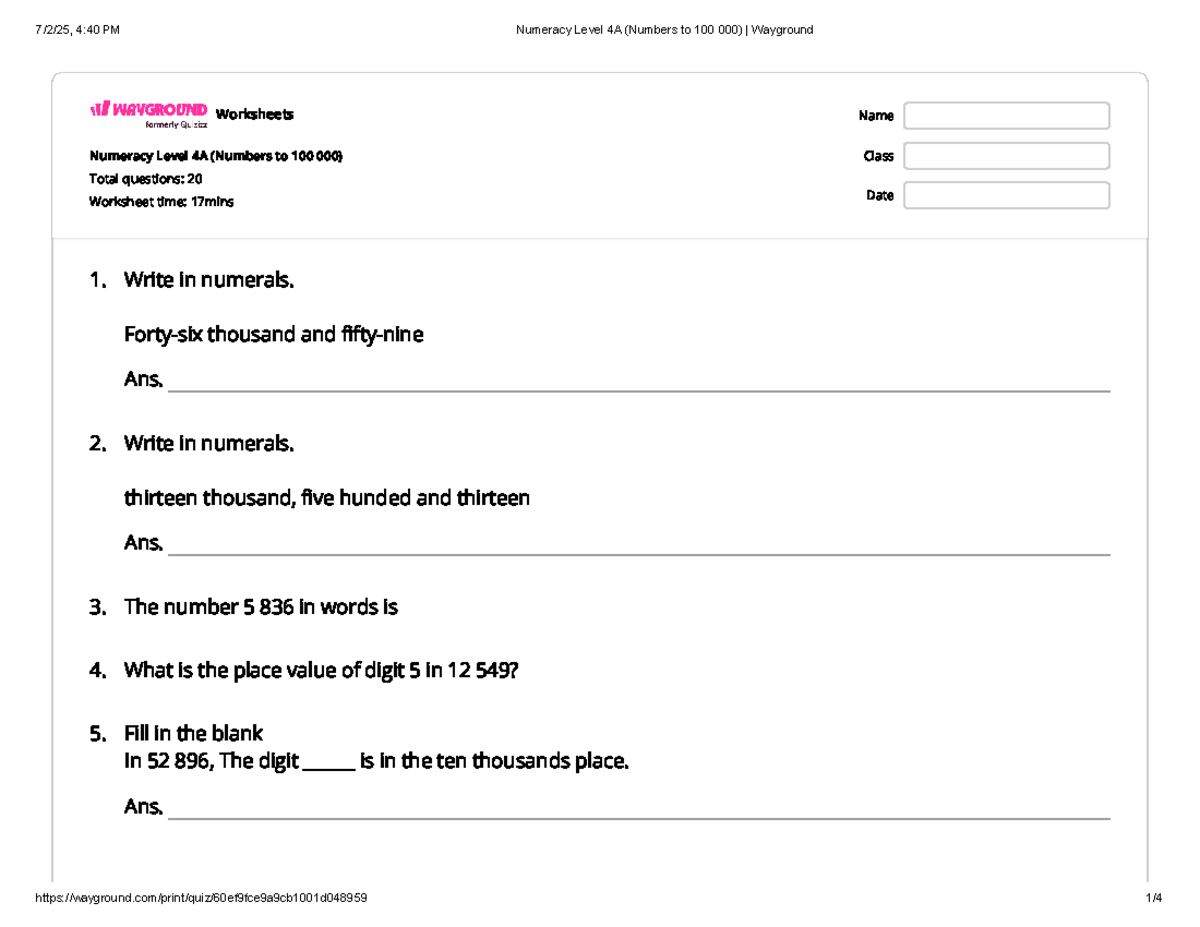 Numeracy Level 4A (Numbers to 100) Worksheet - 20 Questions - Studocu