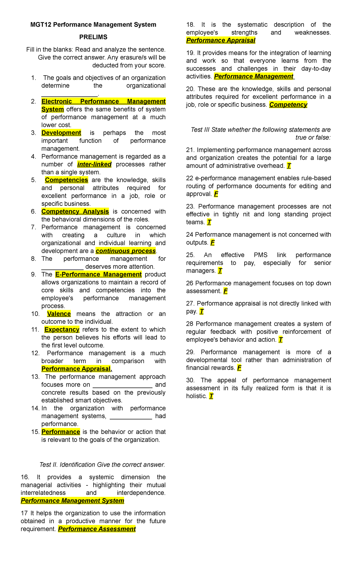 MGT12 Prelims - Performance Management System Study Guide - Studocu