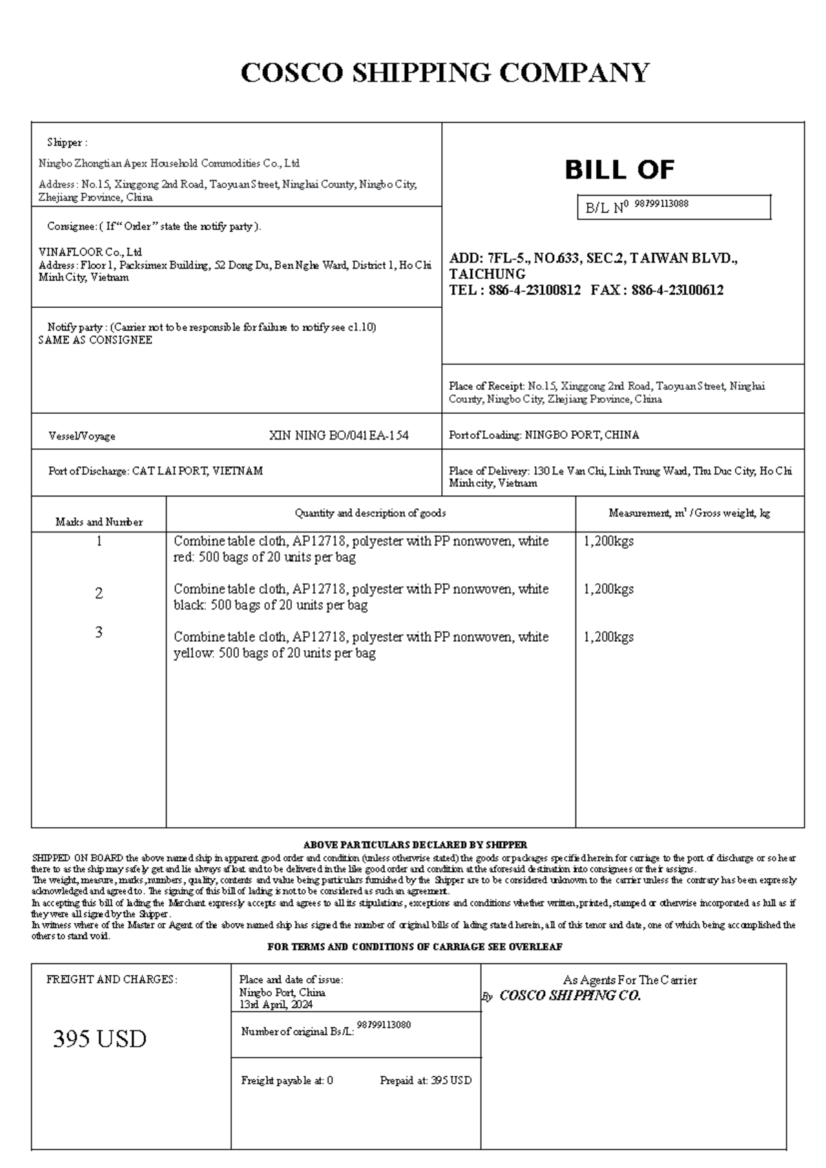Master Bill of Lading - COSCO Shipping Co. - April 2024 - Studocu