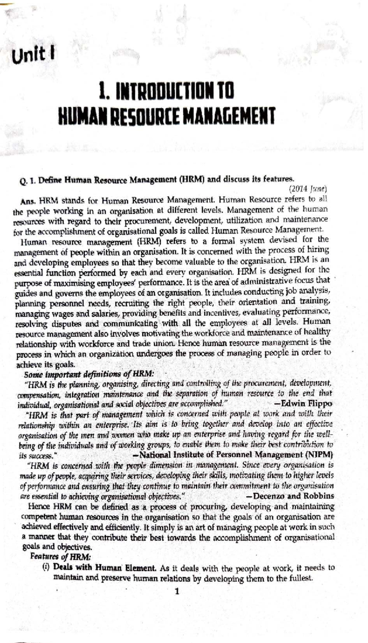 Unit 1: Introduction to Human Resource Management (HRM) - Key Concepts ...