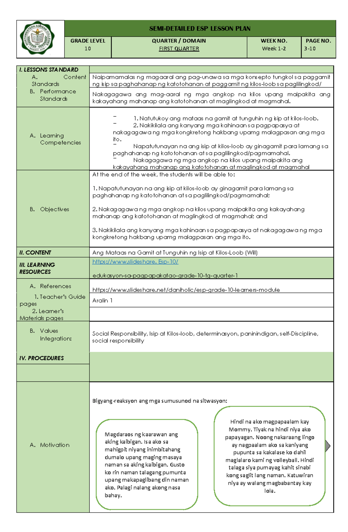 ESP-10 Semi-Detailed Lesson Plan for Weeks 1-2 - First Quarter - Studocu