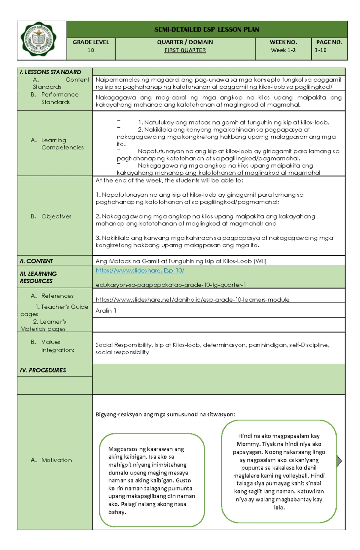 ESP 10 Week 5-6 - SEMI-DETAILED ESP LESSON PLAN GRADE LEVEL 10 QUARTER ...