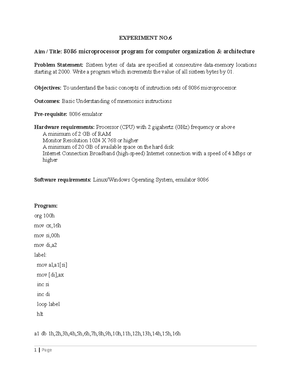 COA EXPERIMENT 6: 8086 Microprocessor Program Exploration - Studocu